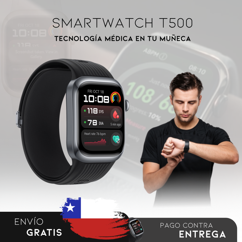 SmartWatch T500 – Monitor Médico 3 en 1 (Glucosa, Presión, Riesgo de A ...
